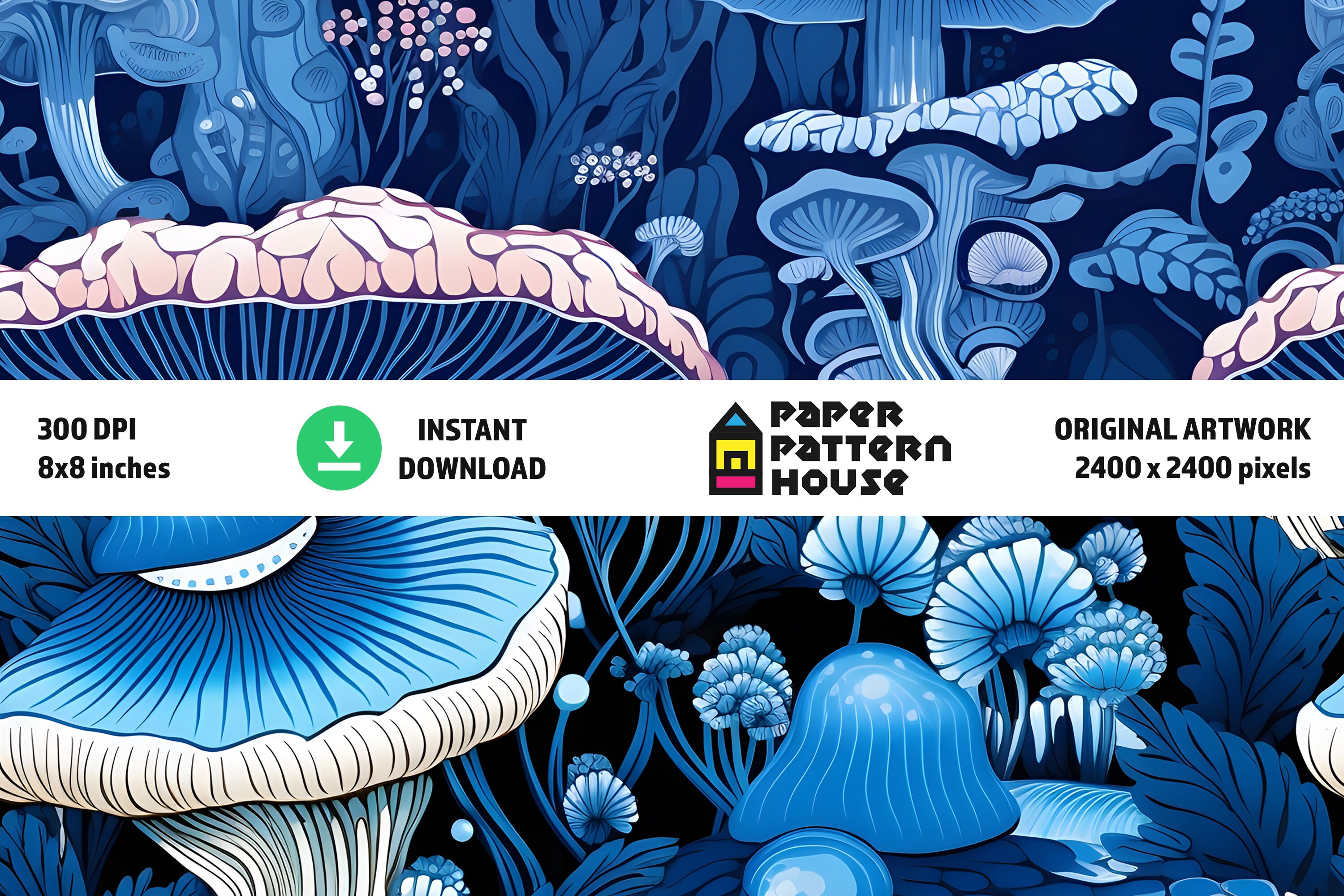 Blue Psychedelic Mushrooms Digital Paper Set, Seamless Texture ...