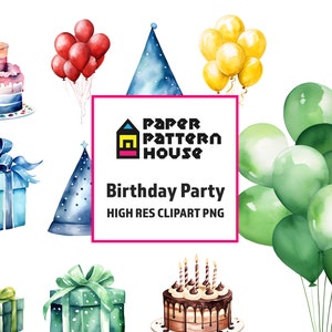 Birthday Party Clipart Bundle, Watercolor Clipart, Digital Balloons ...