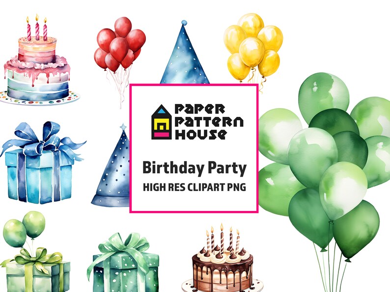 Birthday Party Clipart Bundle, Watercolor Clipart, Digital Balloons ...
