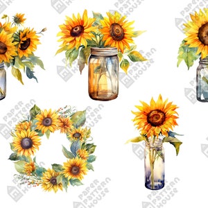 Watercolor Sunflowers Clipart, 30 Fall Sunflower Floral Bouquets ...