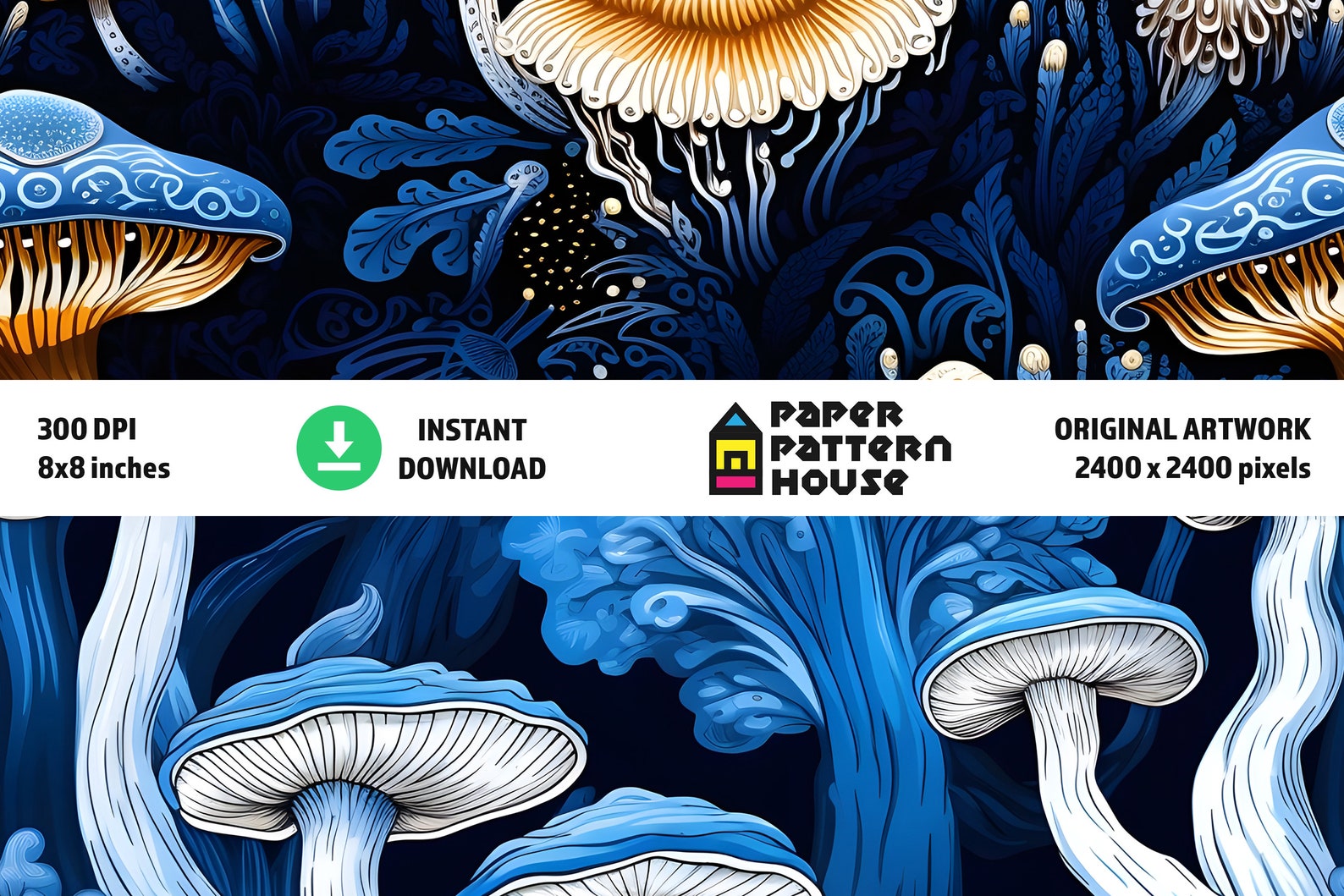 Blue Psychedelic Mushrooms Digital Paper Set, Seamless Texture ...