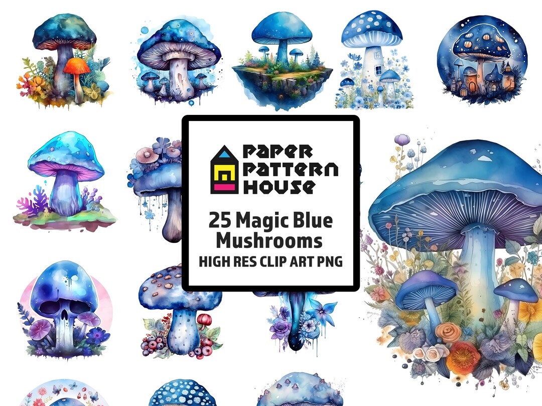 Watercolor Magic Mushroom Clipart Bundle, Blue Watercolor PNG, Mushroom ...