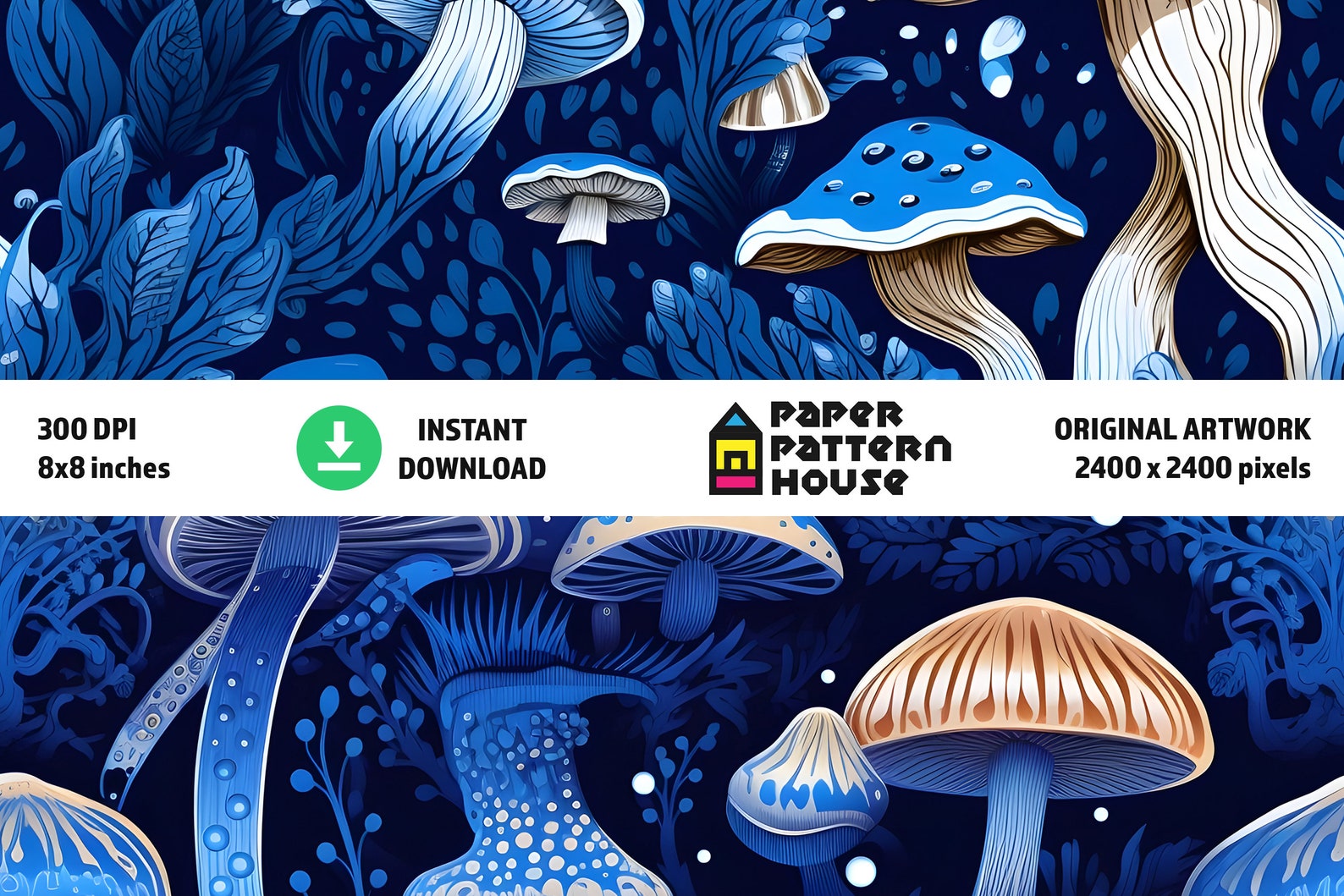 Blue Psychedelic Mushrooms Digital Paper Set, Seamless Texture ...