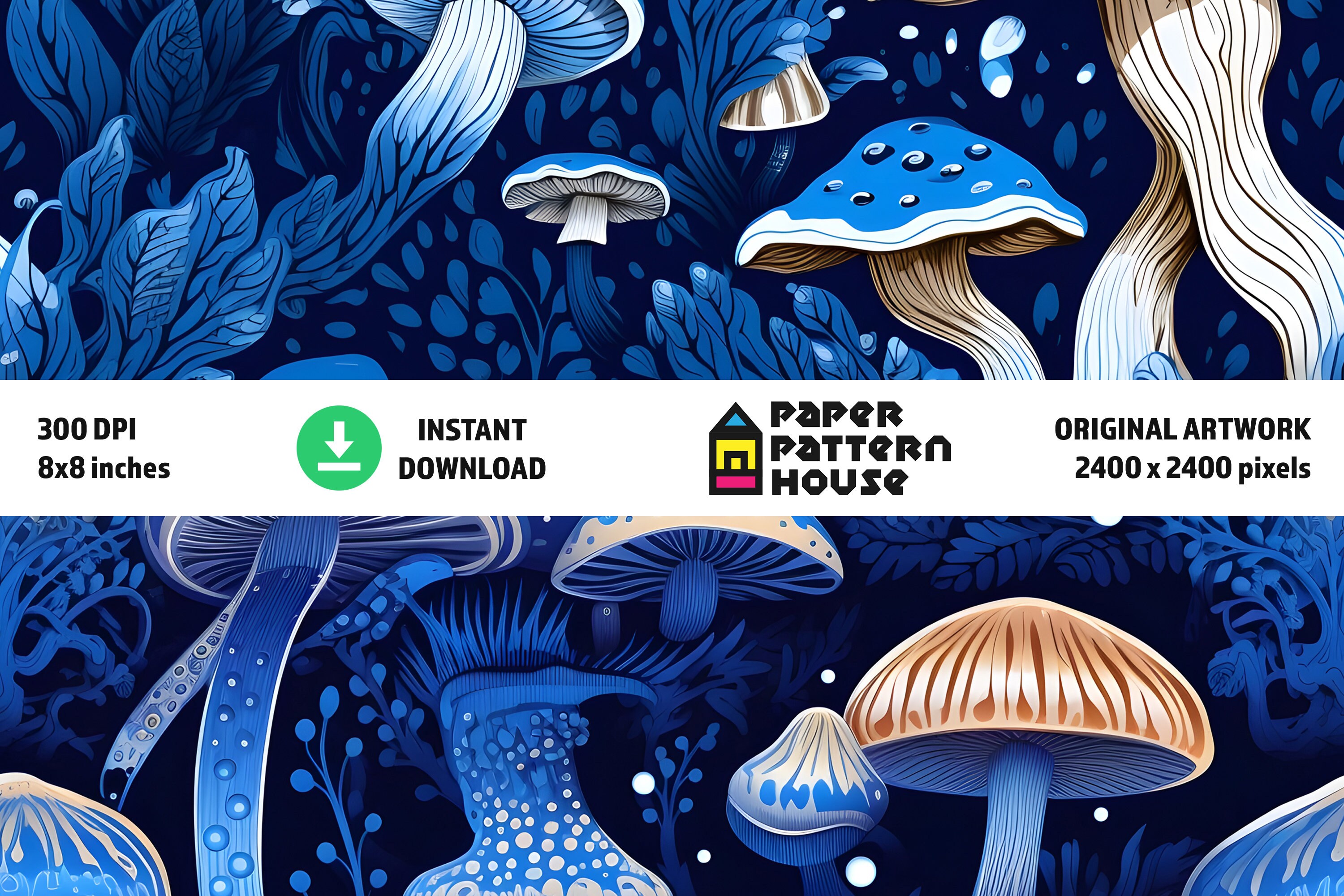 Blue Psychedelic Mushrooms Digital Paper Set, Seamless Texture ...