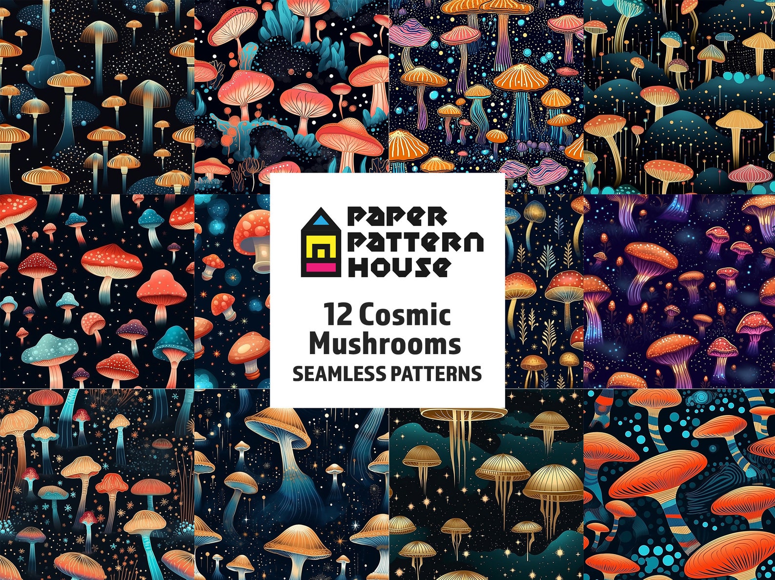 Cosmic Mushroom Digital Paper, Seamless Texture, Artistic Space Shroom ...