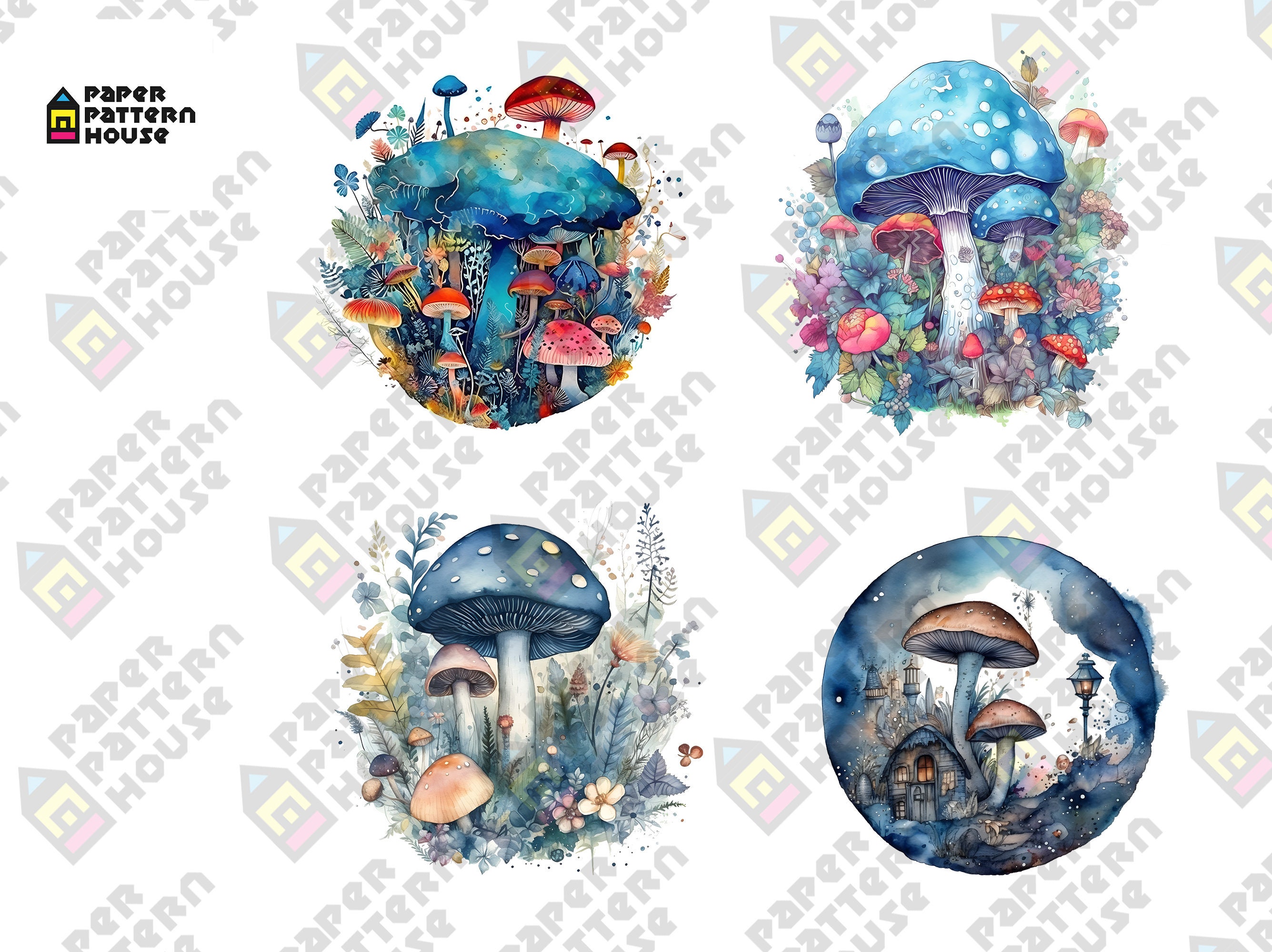 Watercolor Magic Mushroom Clipart Bundle, Blue Watercolor PNG, Mushroom ...