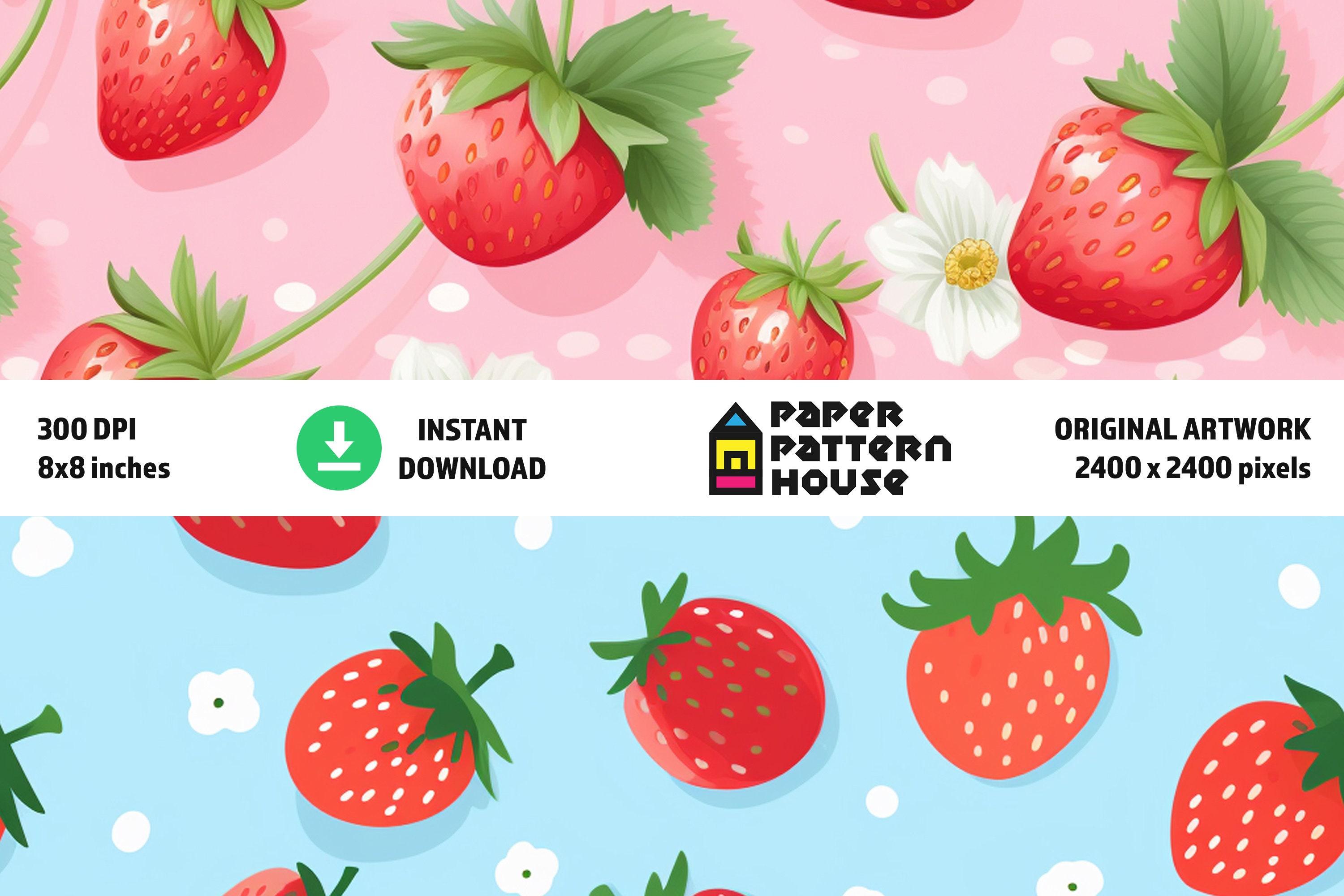 Cute Strawberry Digital Paper Set, Seamless Strawberry Textures, Fruit ...