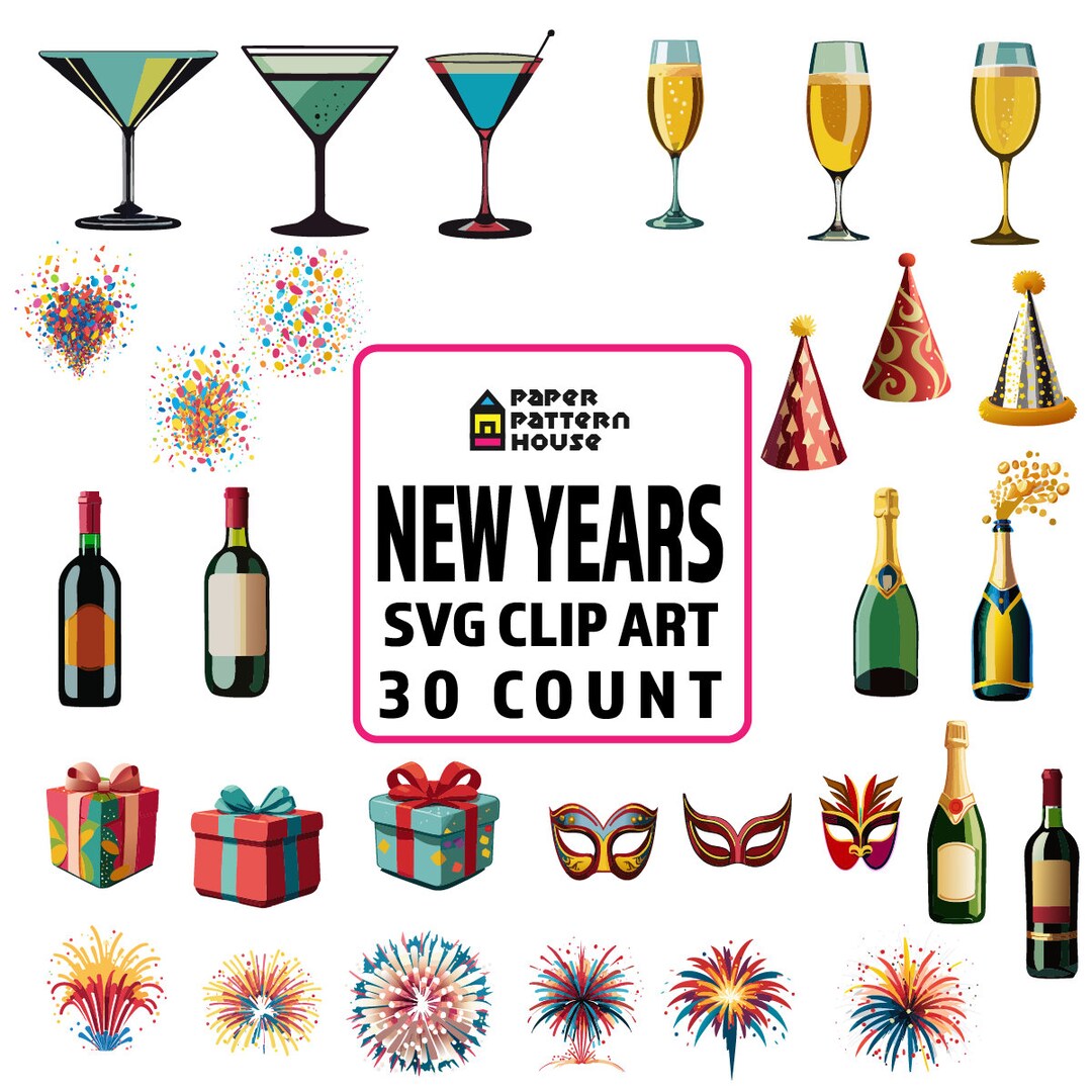 New Years Clipart Bundle, 30 SVG Clip Art's, Holiday Vector Art ...
