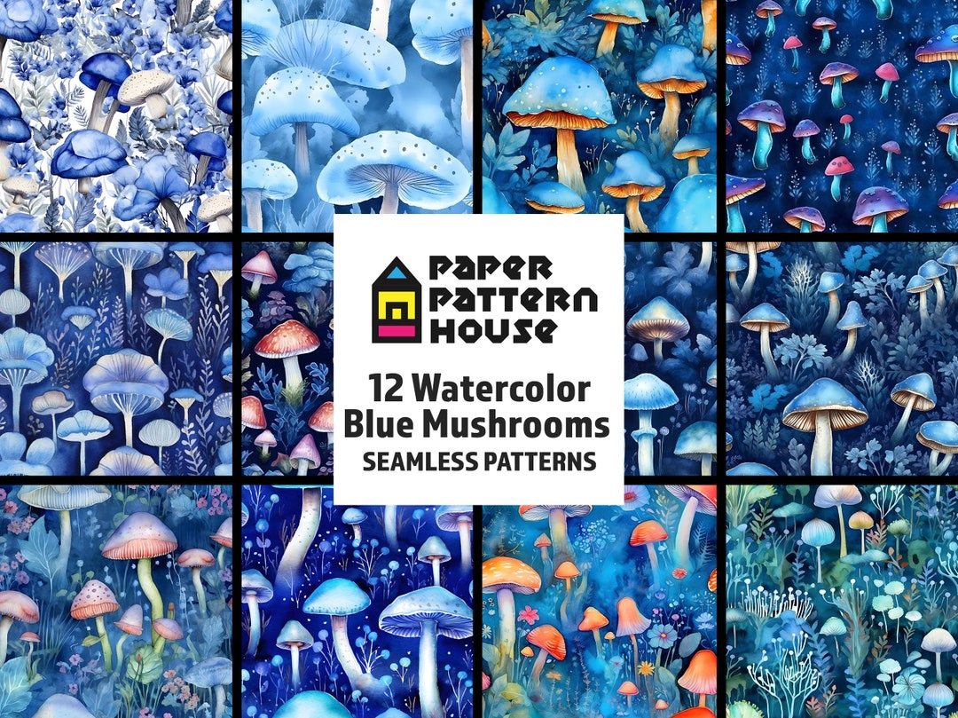 Blue Watercolor Mushroom Digital Paper Set, Seamless Textures, Artistic ...