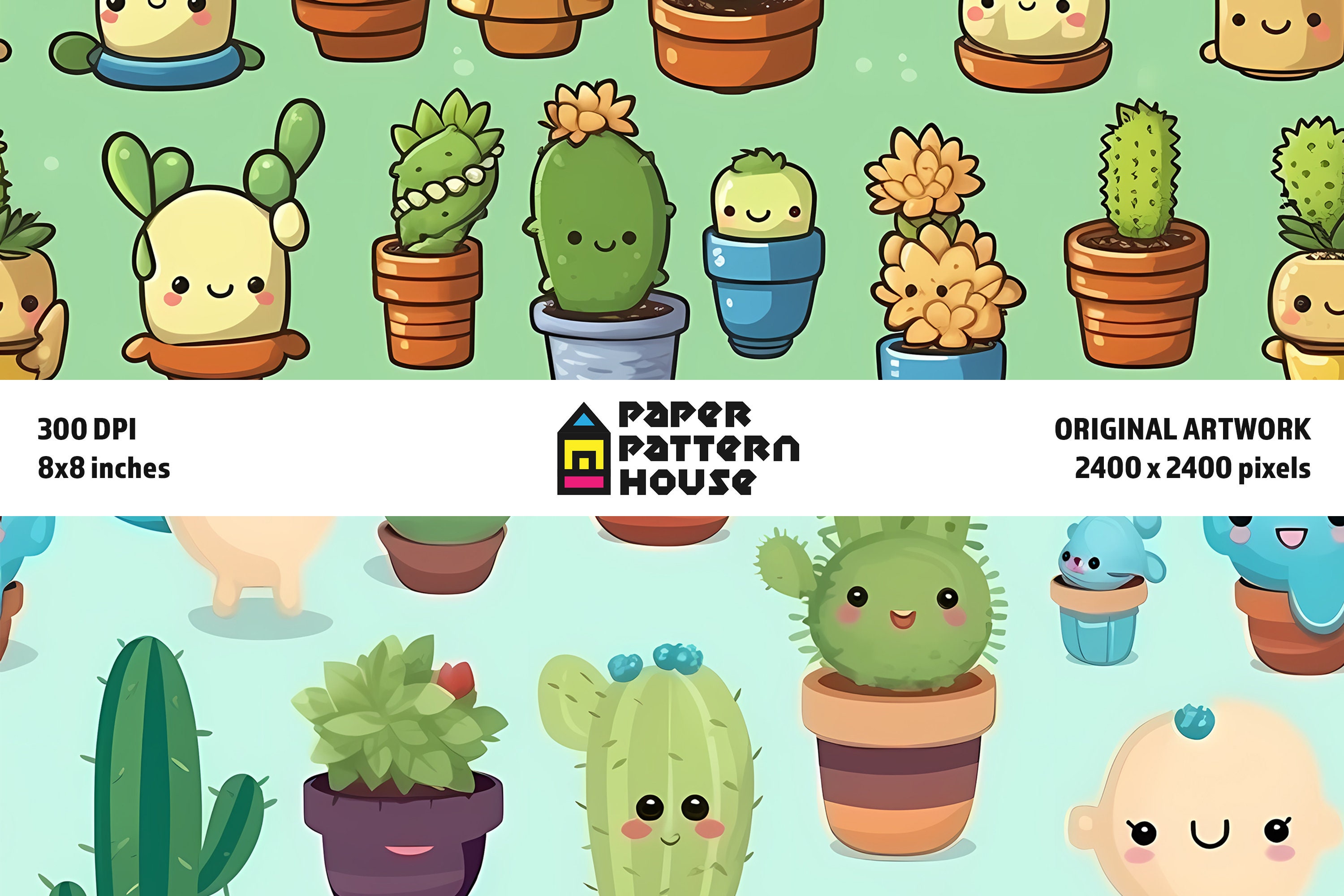 Baby Cacti Digital Paper Set, Anime Cactus Wallpaper, Seamless Cute ...