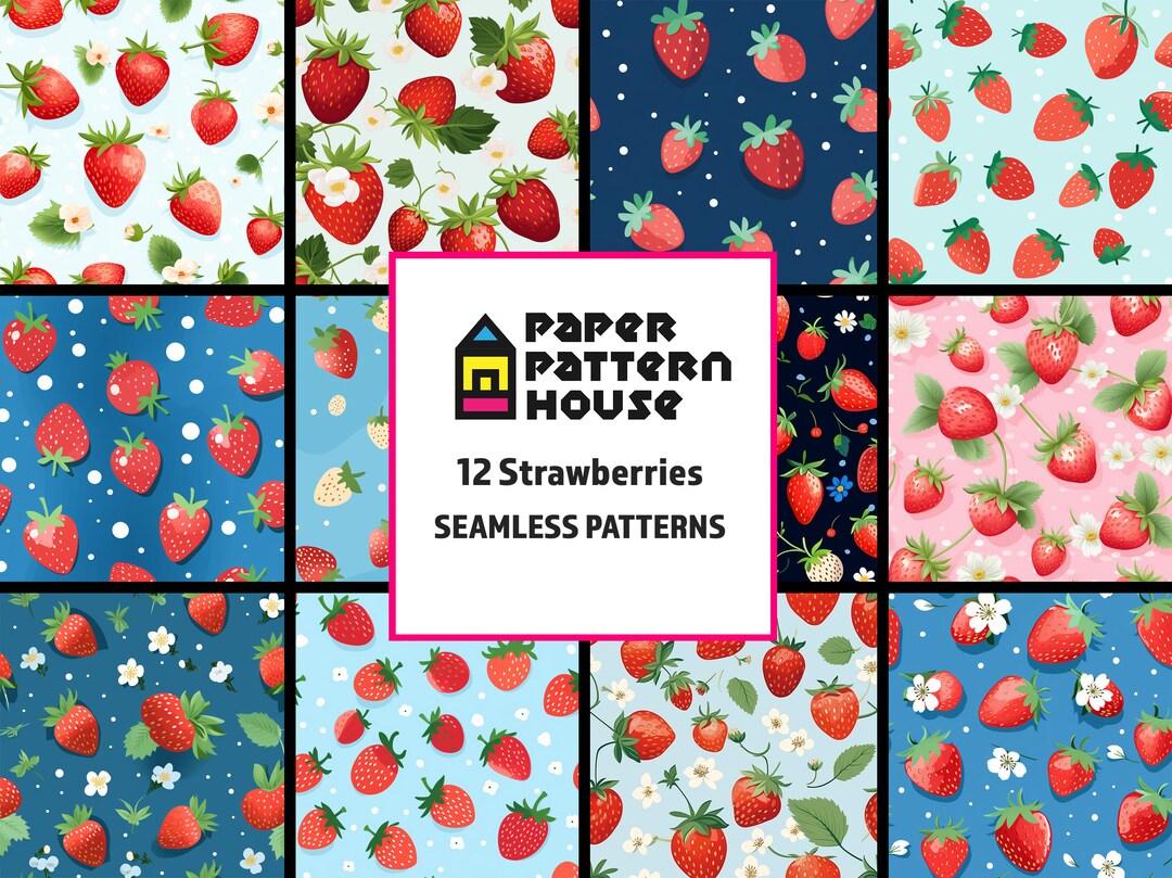 Cute Strawberry Digital Paper Set, Seamless Strawberry Textures, Fruit ...