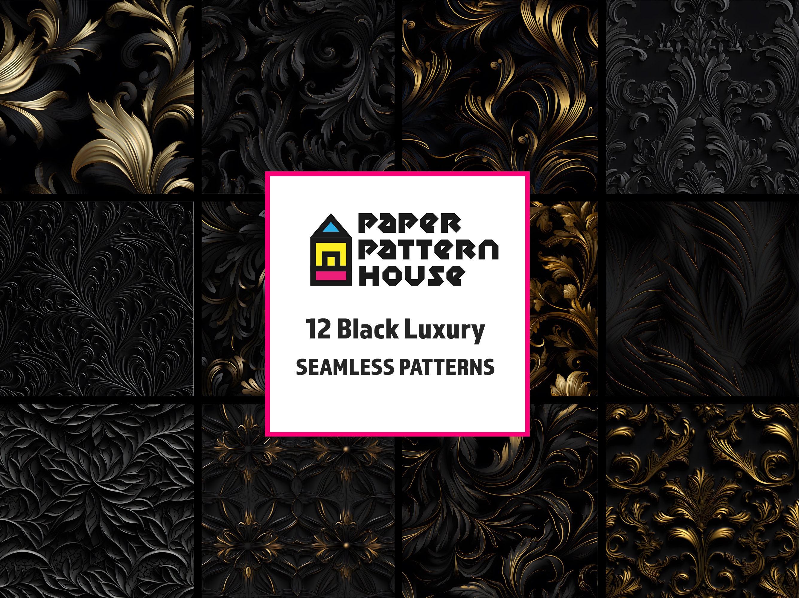 Black and Gold Luxury Digital Paper Pattern Set, Luxurious Pattern ...