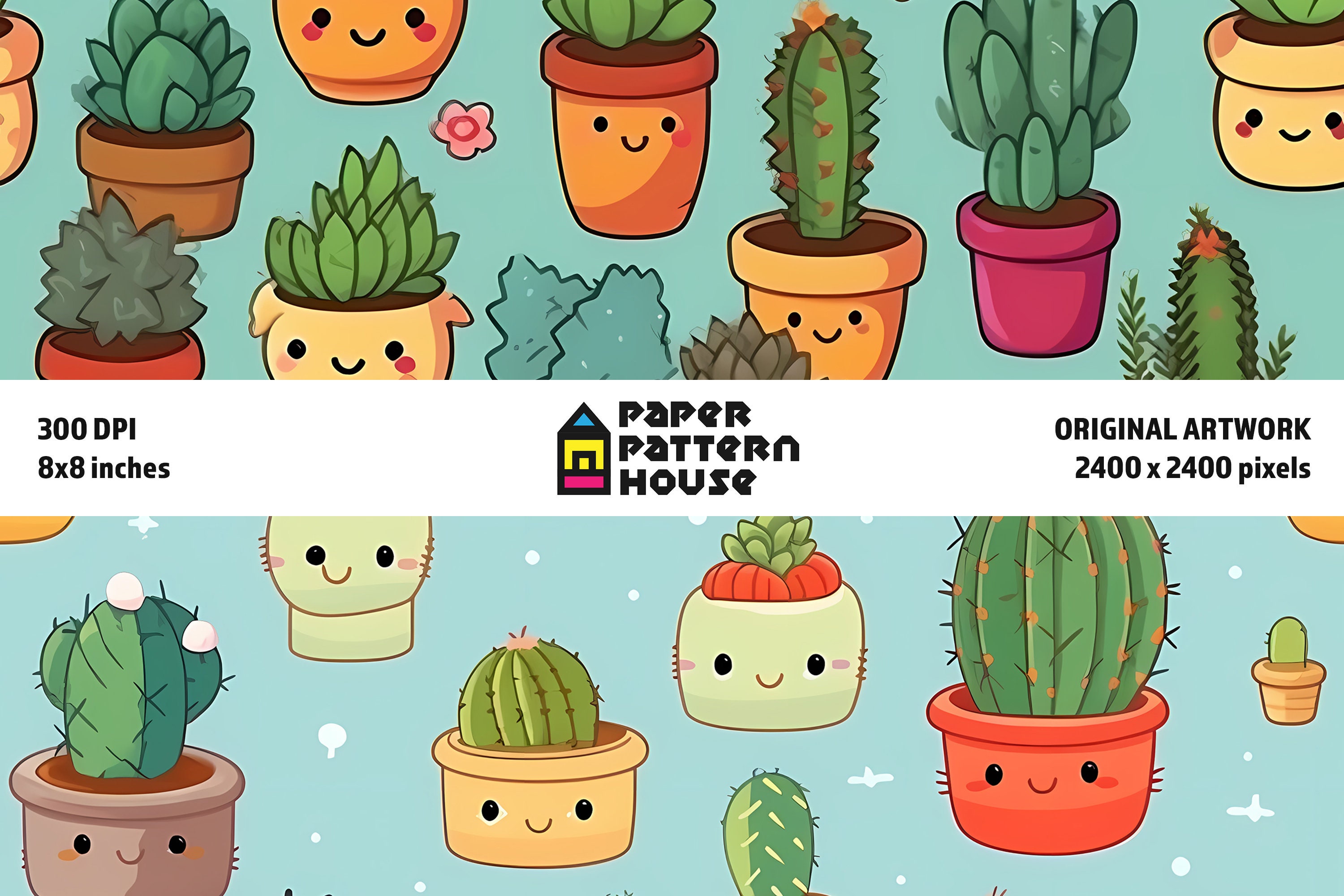 Baby Cacti Digital Paper Set, Anime Cactus Wallpaper, Seamless Cute ...