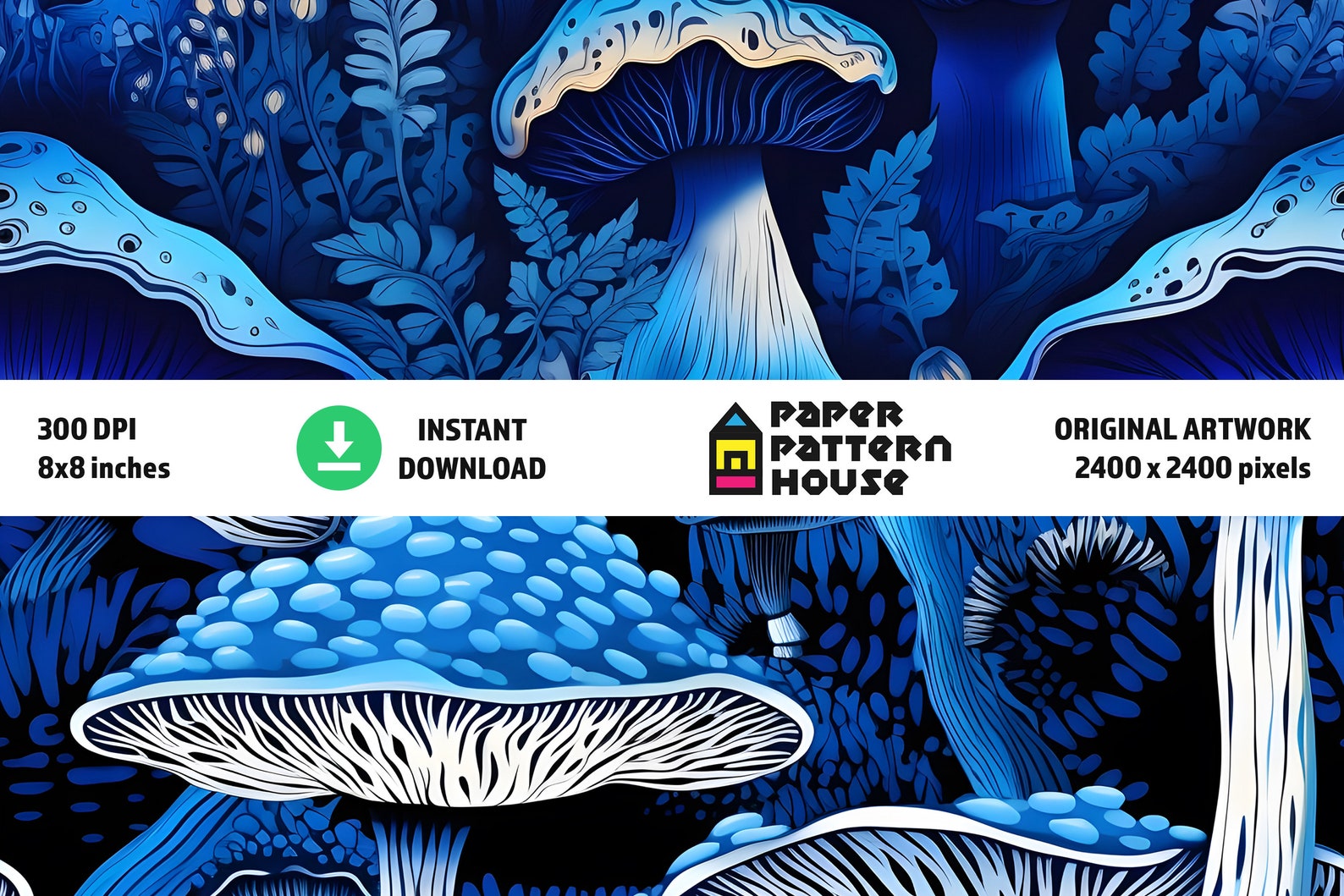 Blue Psychedelic Mushrooms Digital Paper Set, Seamless Texture ...