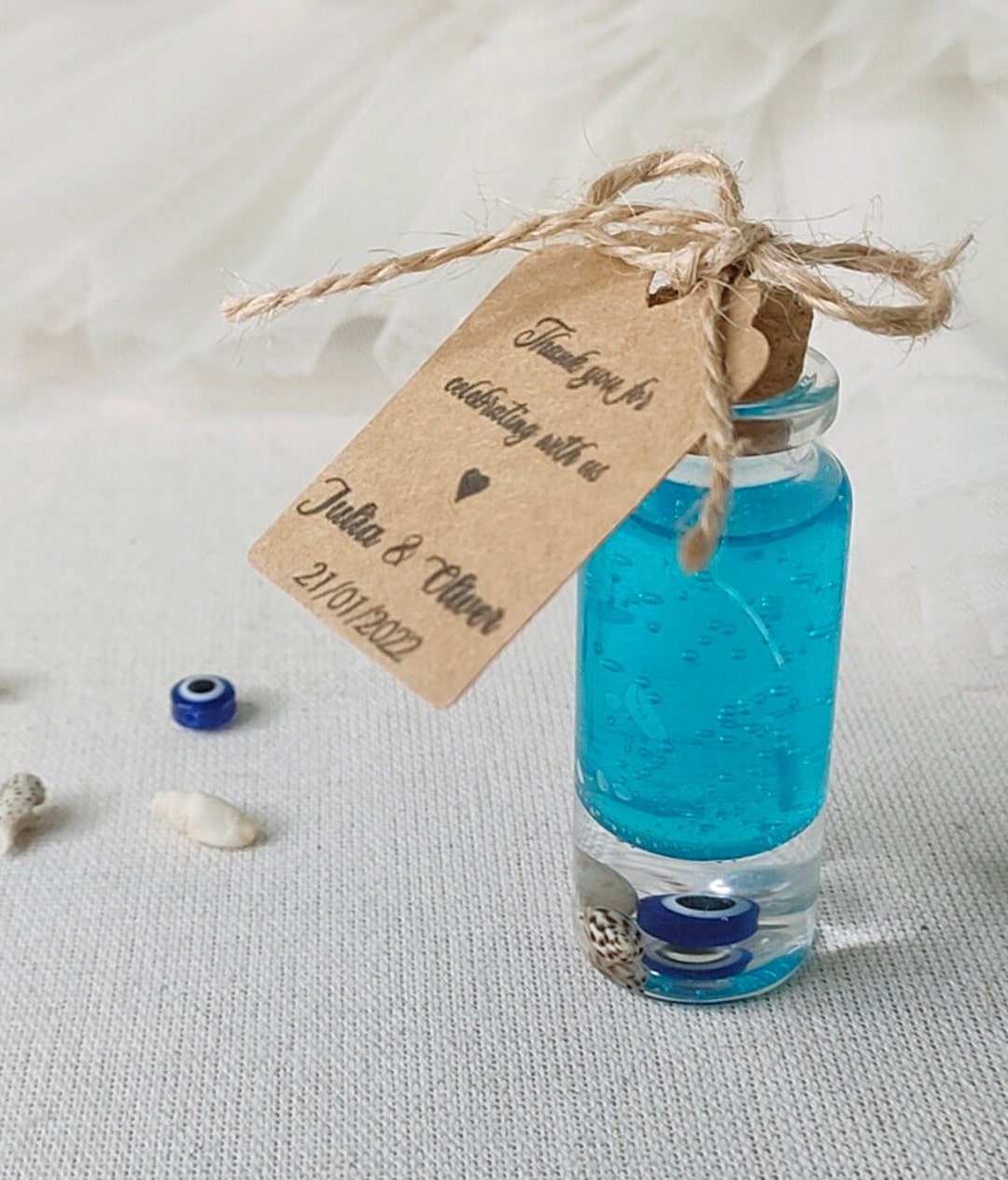 Personalized Mini Bottle With Cork Wedding Favours, Evil Eye - Shells ...