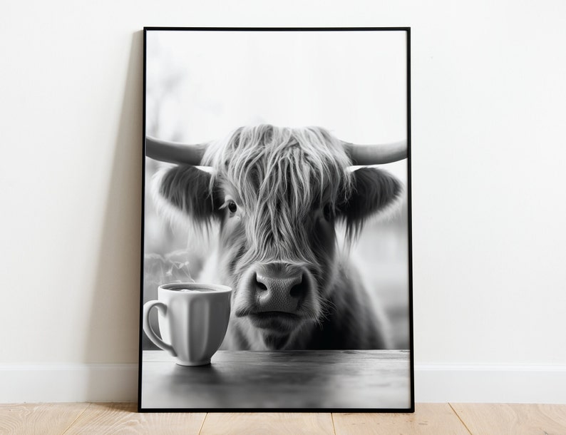 Highland Cow Drinking Coffee Digital Print, Digital Download, Black and ...