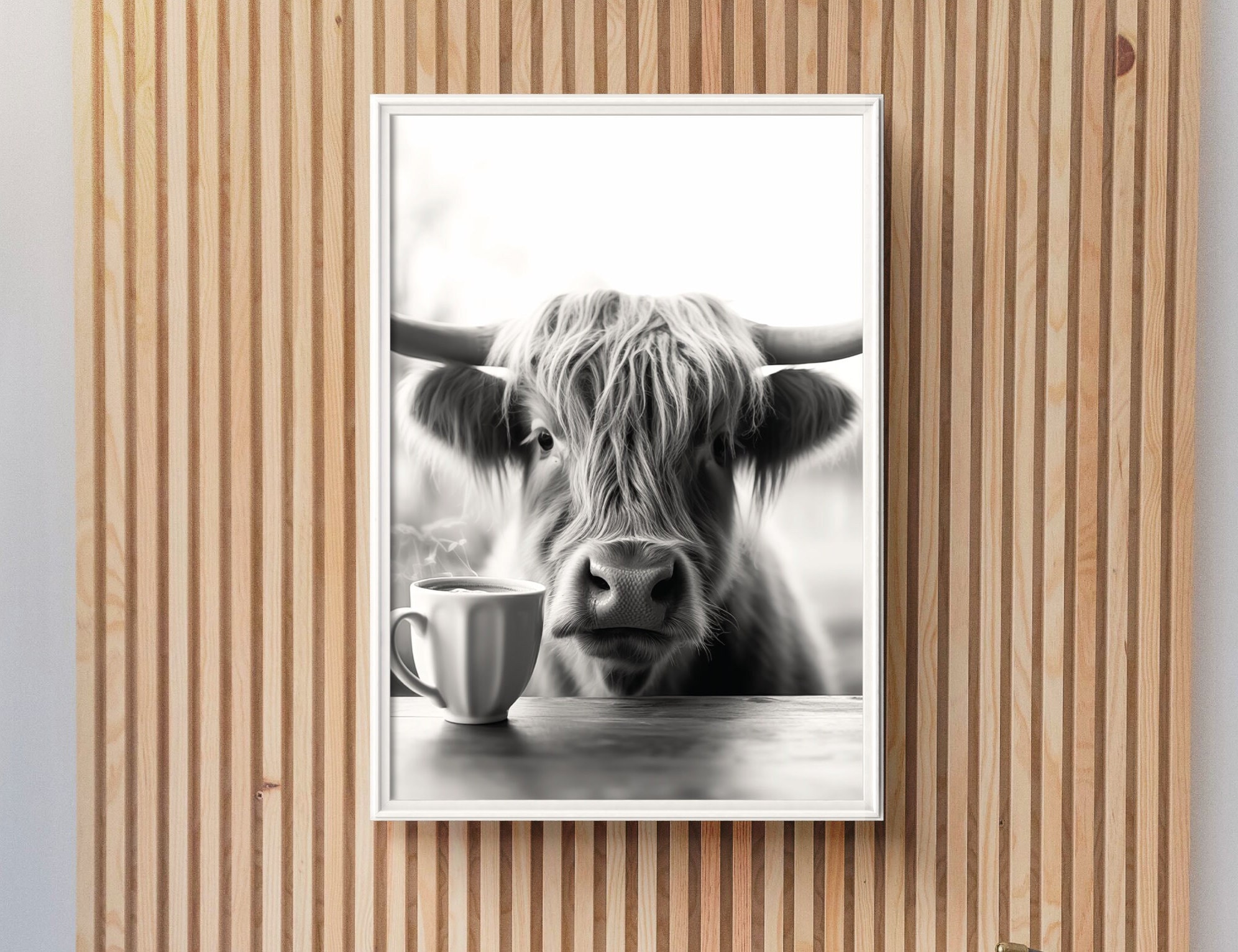Highland Cow Drinking Coffee Digital Print, Digital Download, Black and ...