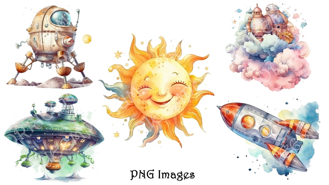 Watercolor Kids Space Clipart - Rocket Clip Art, PNG Format ...