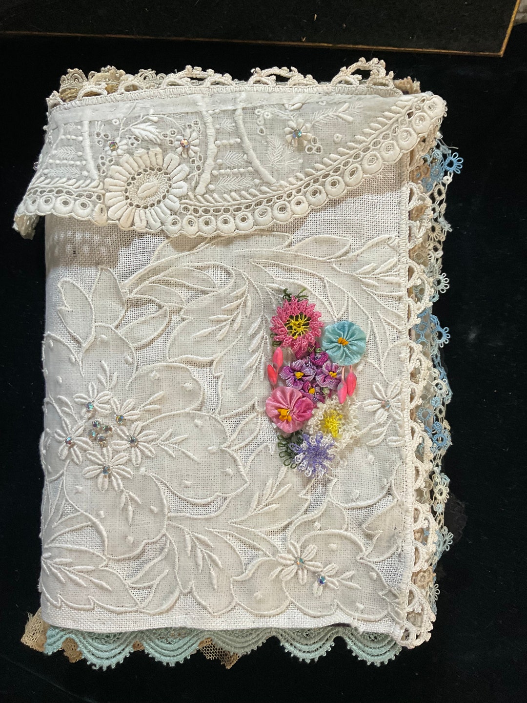 Hand Stitched Journal Made With Vintage Laces, Rhinestones, Ribbonwork ...