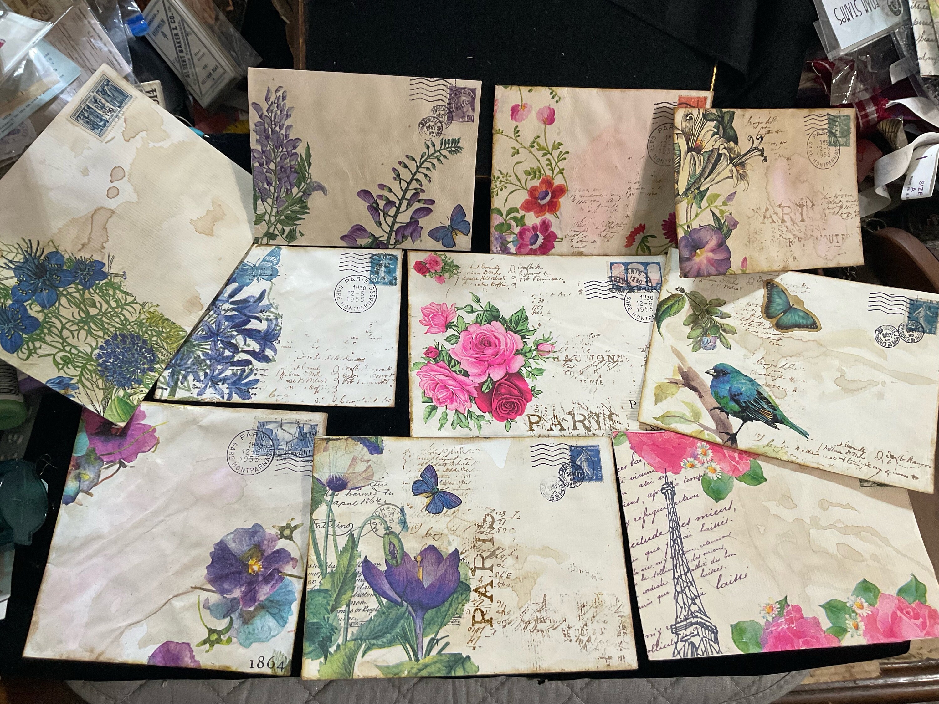 27 Various Sizes Hand Decorated Envelopes 8 Plain, 10 With Stamps and 9 ...