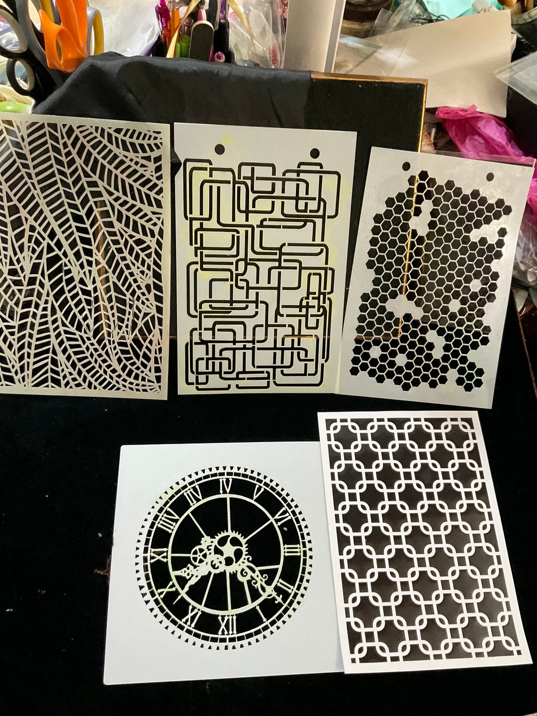 5 Stencils Including Circuit, Honeycomb,leaves, Geometric and Clock ...