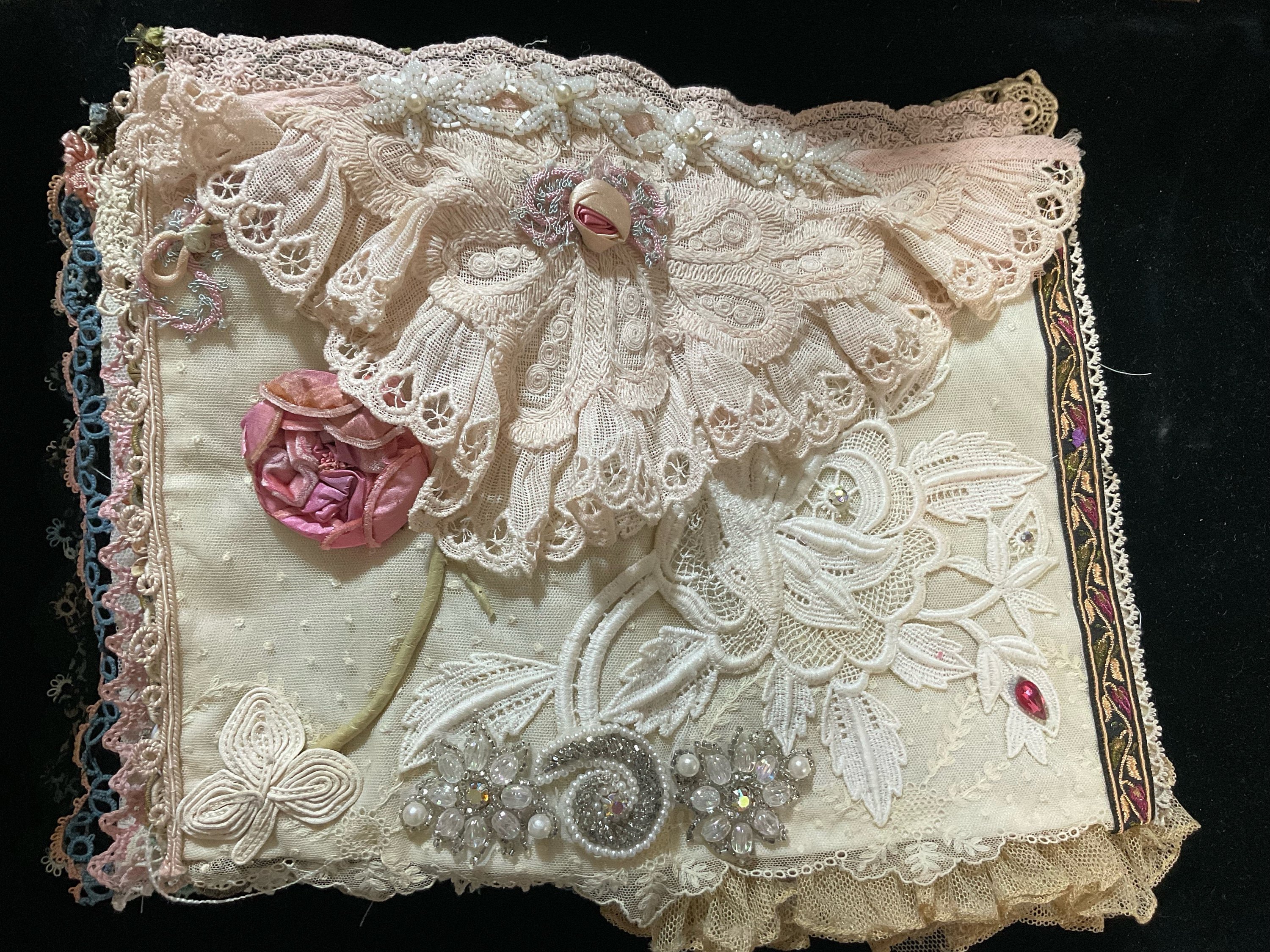 Hand Stitched Journal Made With Vintage Laces, Rhinestones, Ribbonwork ...