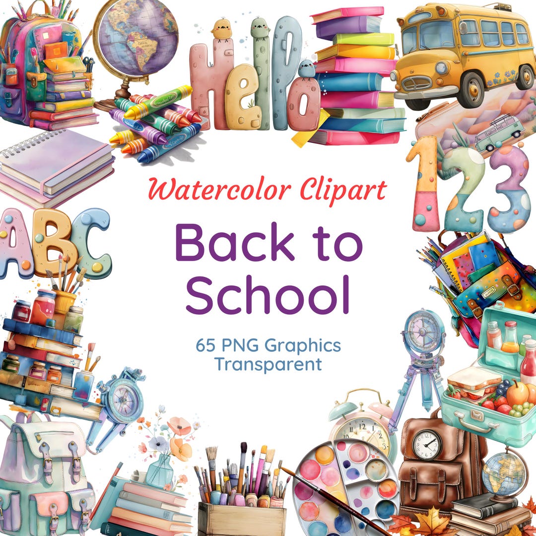 Watercolor School Supplies Clipart, Back to School Clipart, School ...
