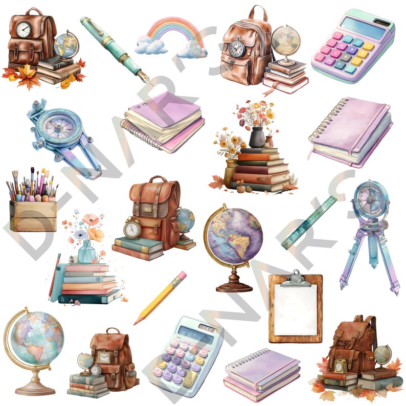 Watercolor School Supplies Clipart, Back to School Clipart, School ...
