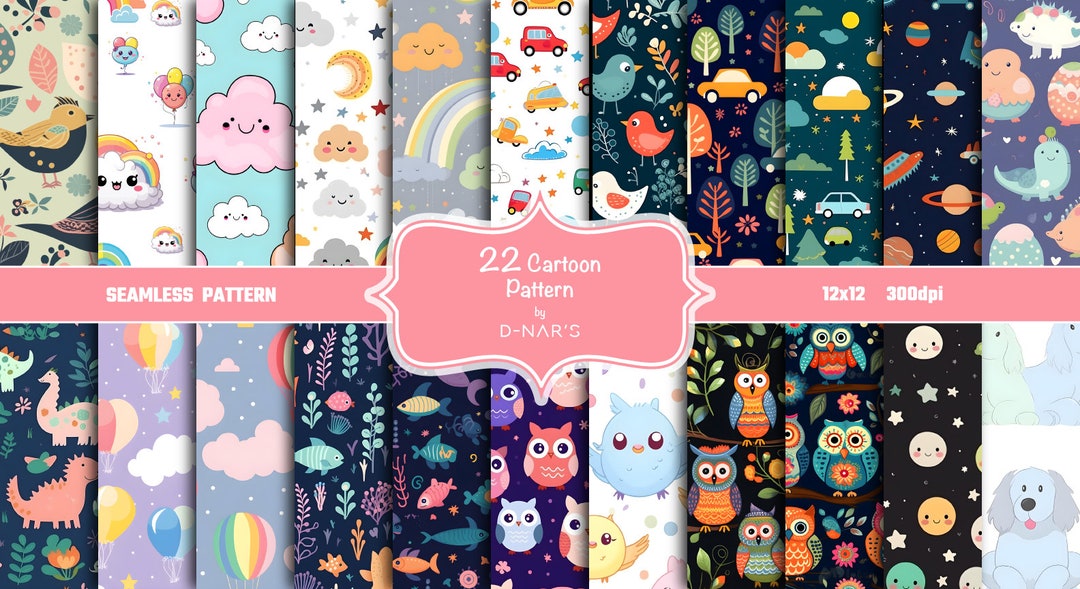 22 Unique Cartoon Seamless Patterns| Vibrant and Pastel Trees, Dragons ...