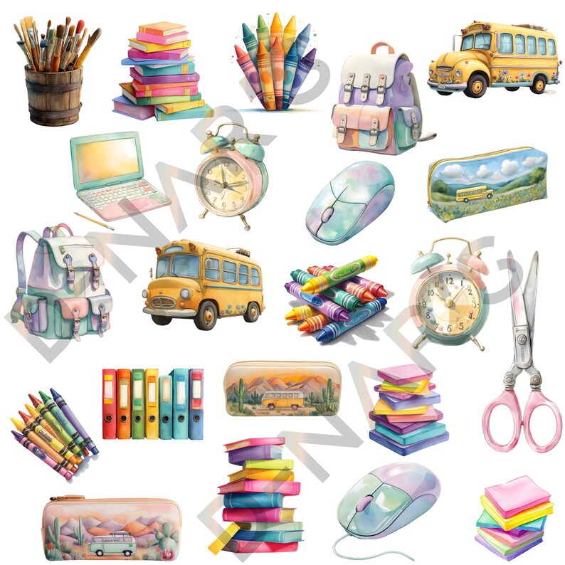 Watercolor School Supplies Clipart, Back to School Clipart, School ...