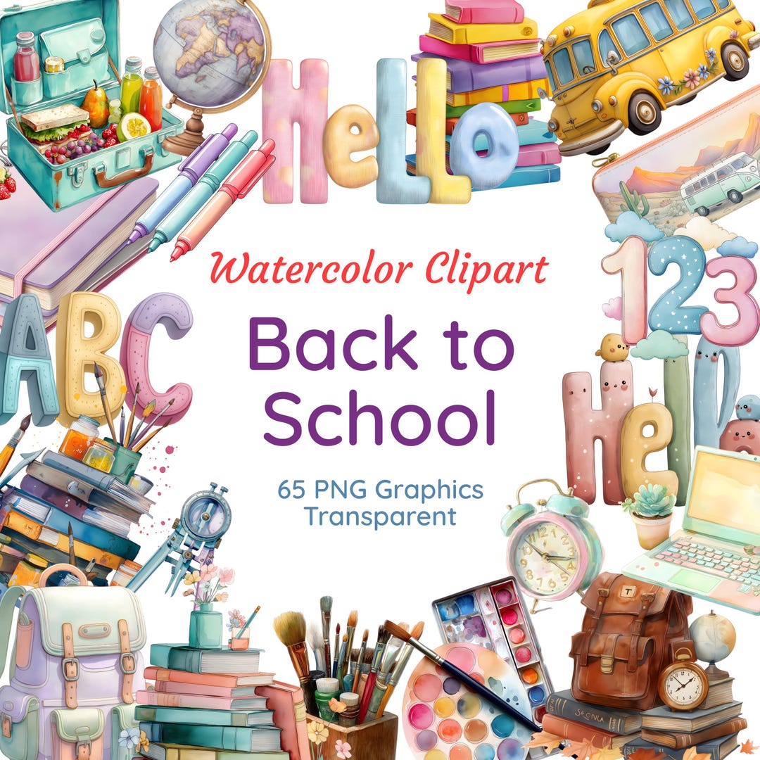 Watercolor School Supplies Clipart, Back to School Clipart, School ...