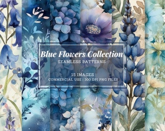 Watercolor Blue Floral Tile Seamless Patterns Digital Paper PNG Instant ...