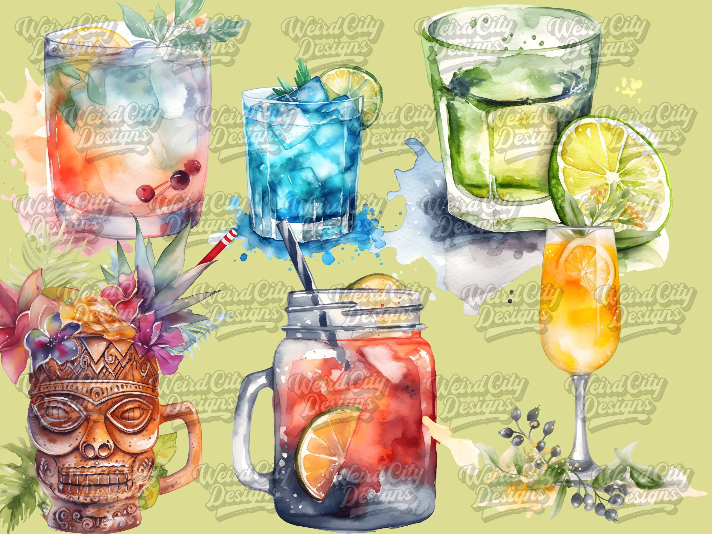 Cocktails Clipart Bundle, Watercolor, Beverages, Summer Drinks, Alcohol ...