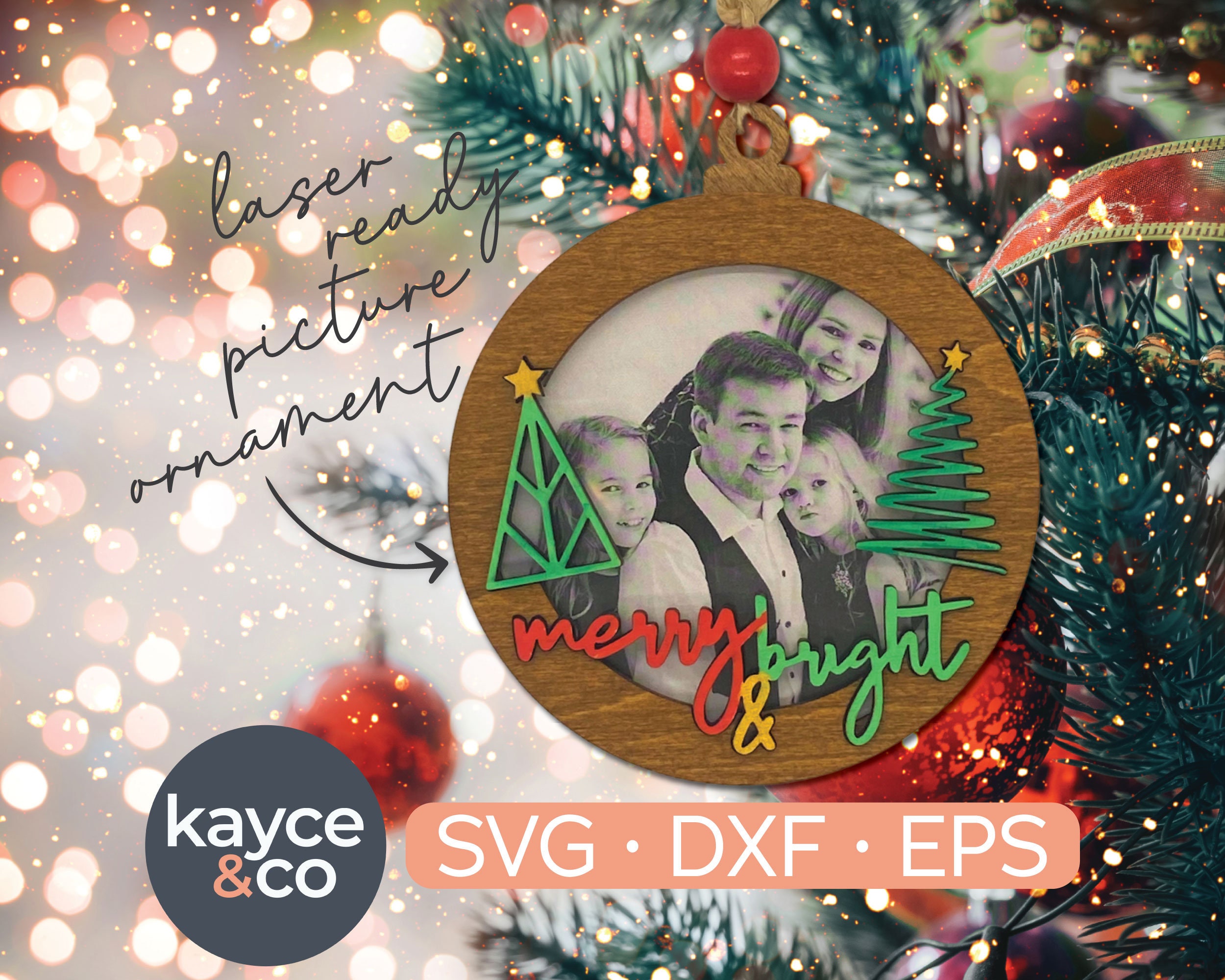 Merry & Bright Christmas Ornament SVG, Picture Frame SVG Laser Cut File ...