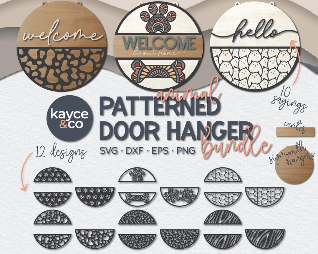 Animal Patterned Round Welcome Sign Door Hanger Bundle Svg Porch, Home ...