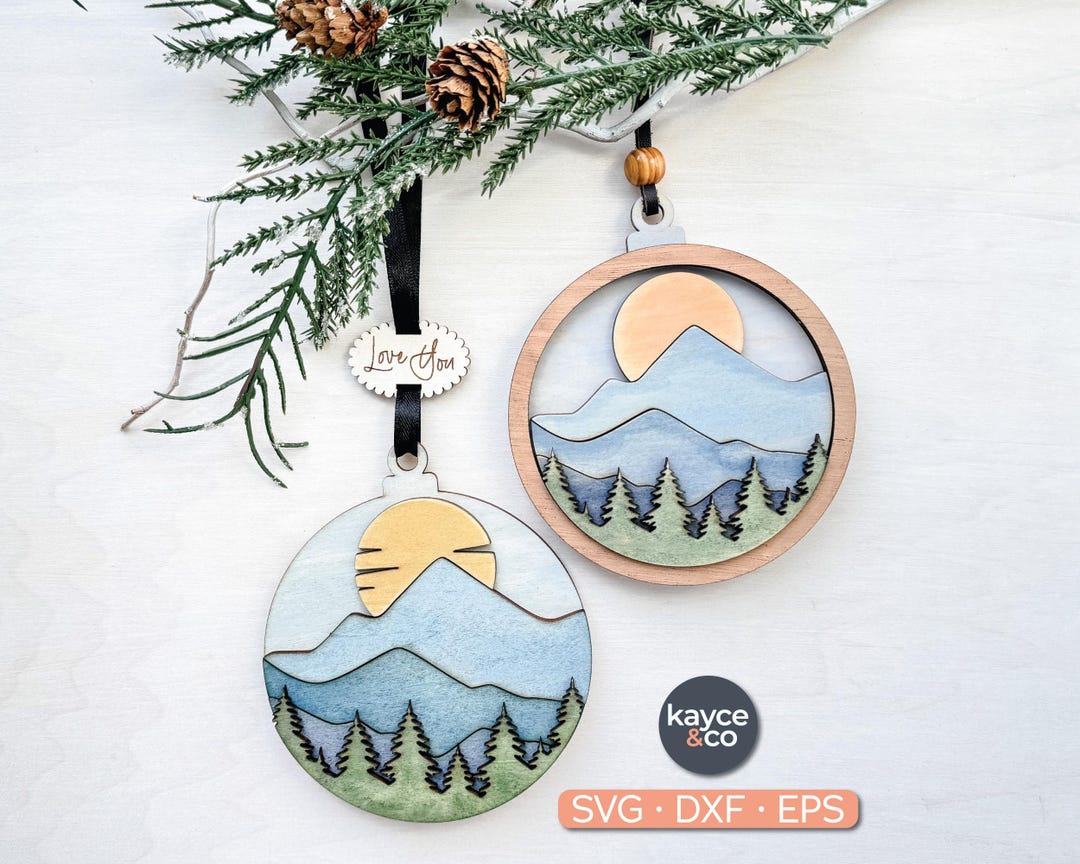 Landscape Mountain Ornament Svg, Sun, Pine Tree, Layered Round Wood ...