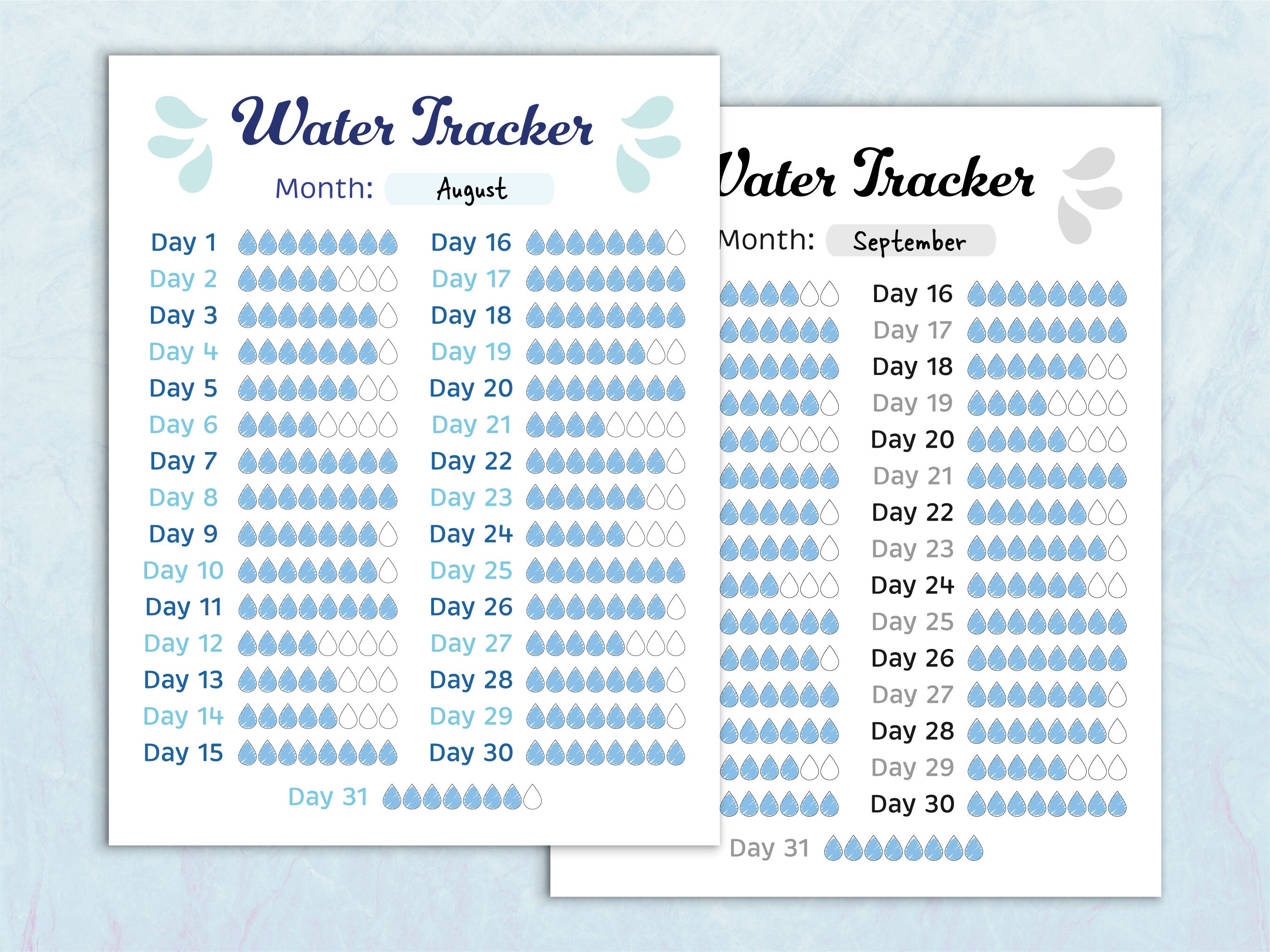 Monthly Water Tracker Printable, Water Intake Tracker, 31 Day Water ...
