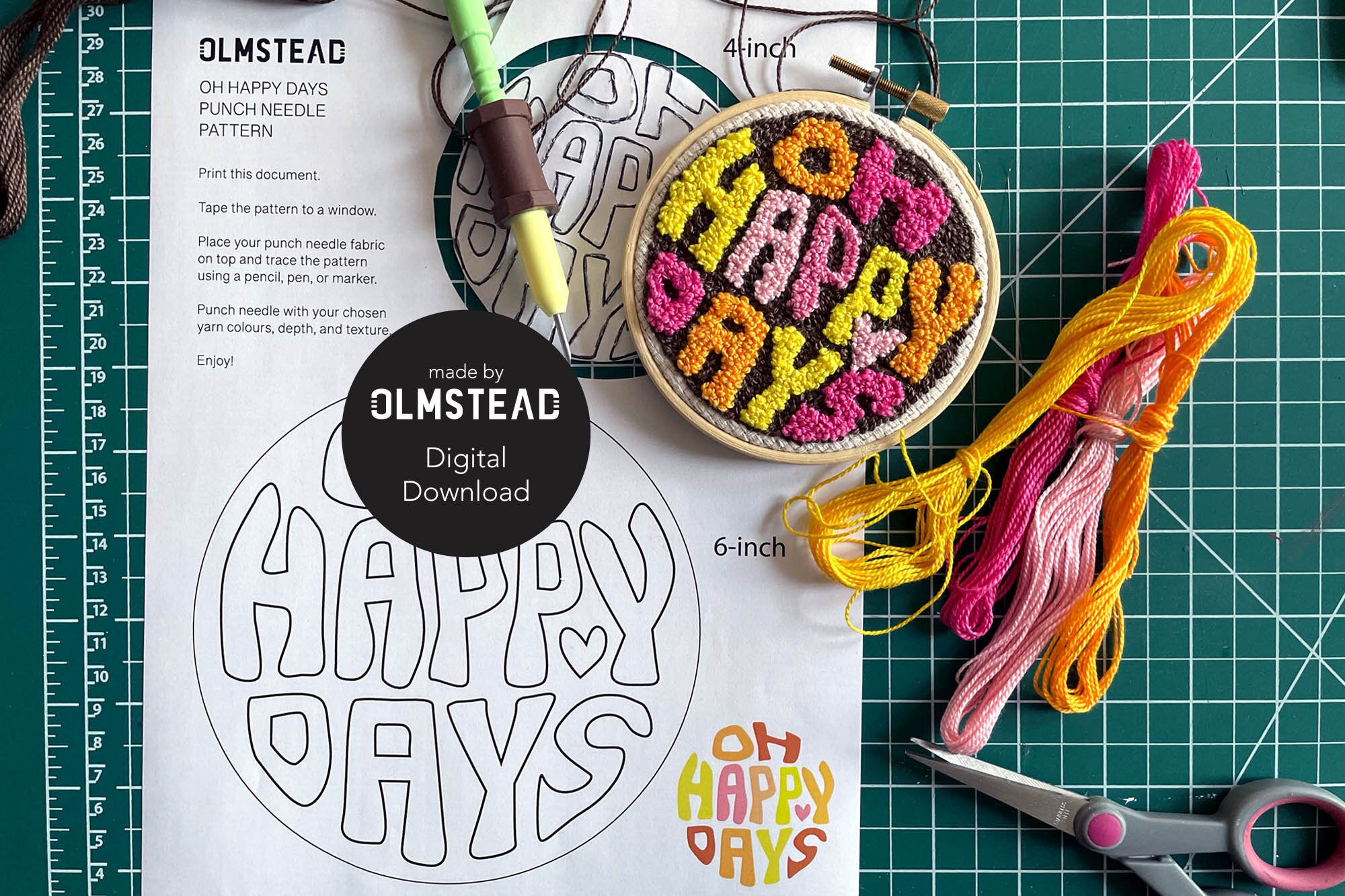 Oh Happy Days Punch Needle Pattern PDF - for 4", 6", 8", 10" Embroidery ...
