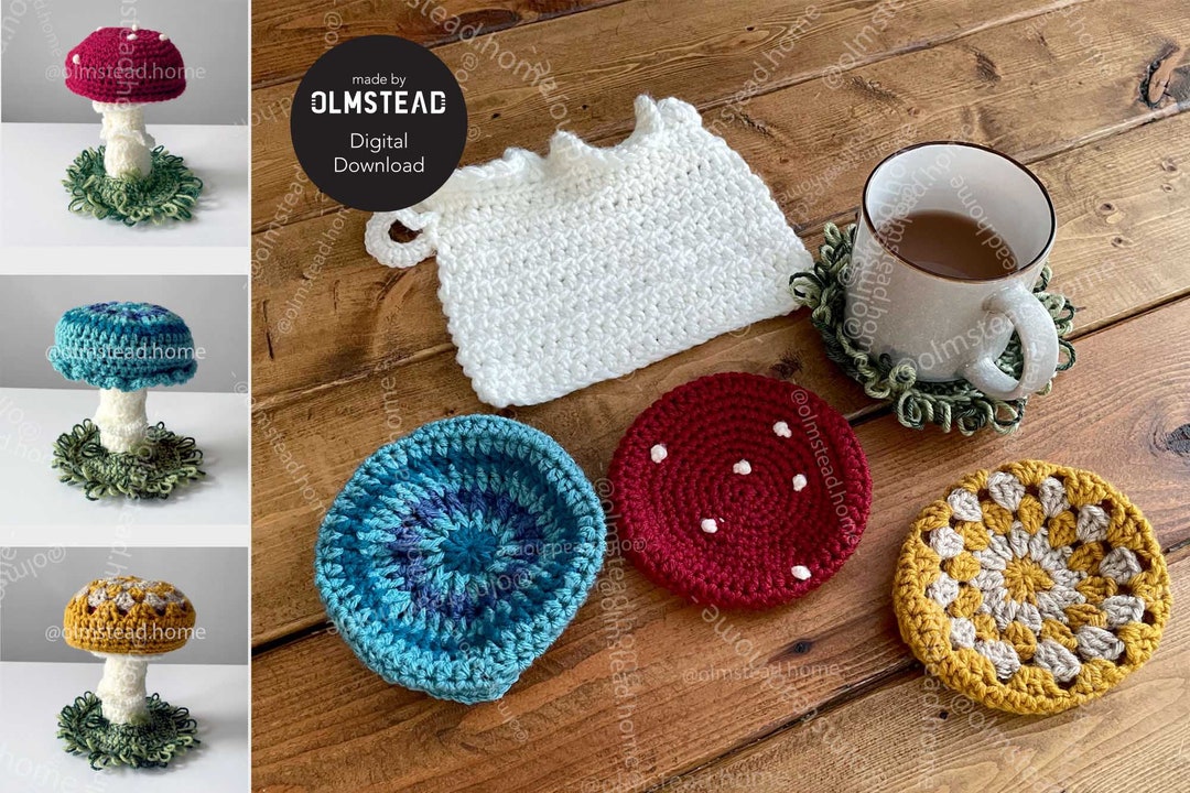 Crochet Mushroom Coaster Set - PDF Pattern - 4 Coasters, 1 Mat - Etsy