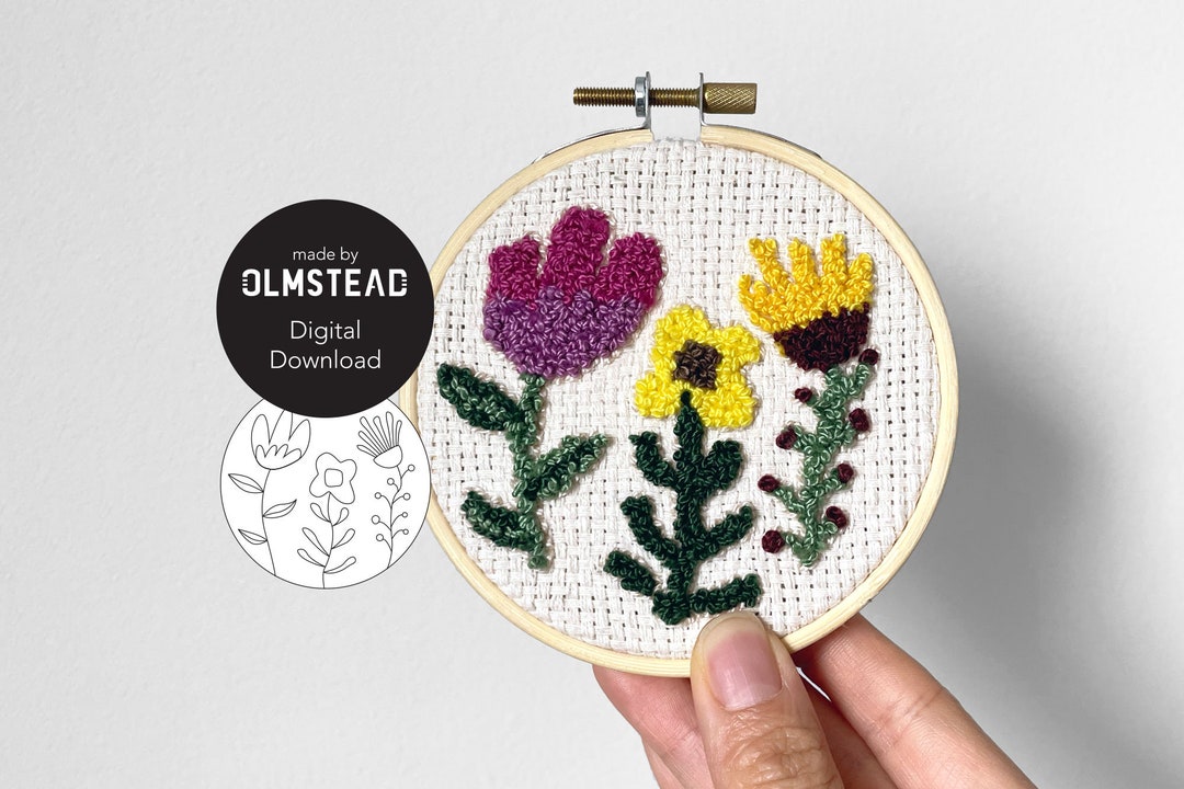 3 Flower Punch Needle Pattern PDF - for 4", 6", 8", 10" Embroidery Hoop ...