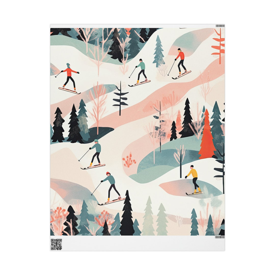 Whimsical Skiers, Winter Wrapping Paper, Snowy Slopes Holiday Paper ...