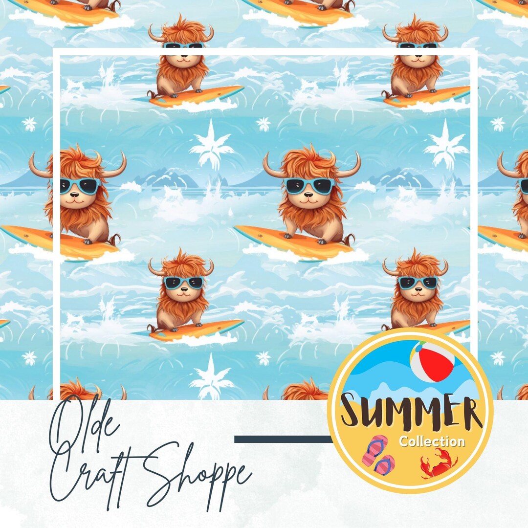 Seamless Repeating Tile Pattern File, Cute Cartoon Highland Cow Surfing ...