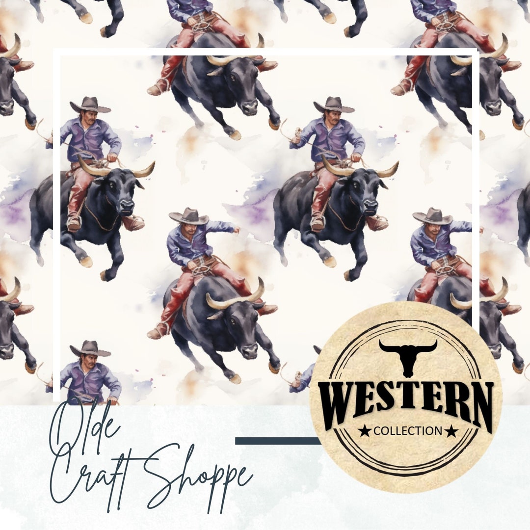 Western Seamless File, Watercolor Cowboy Rodeo Bull Rider, Saddle Bronc ...