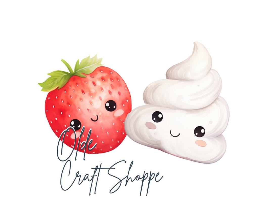 Cute Kawaii Strawberry and Whipped Cream, Transparent Background PNG ...
