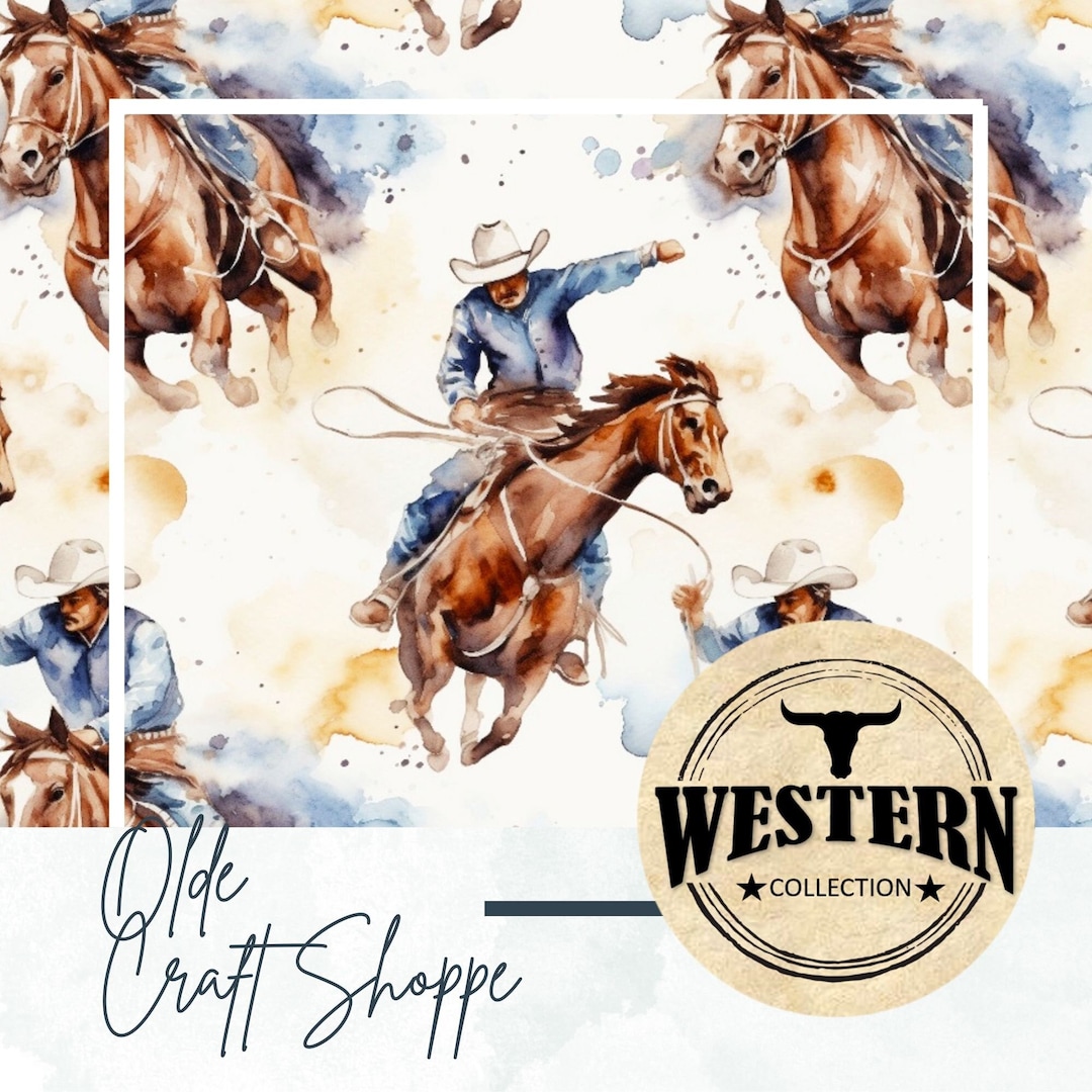 Western Seamless File, Watercolor Cowboy Rodeo Horse Rider, Saddle ...