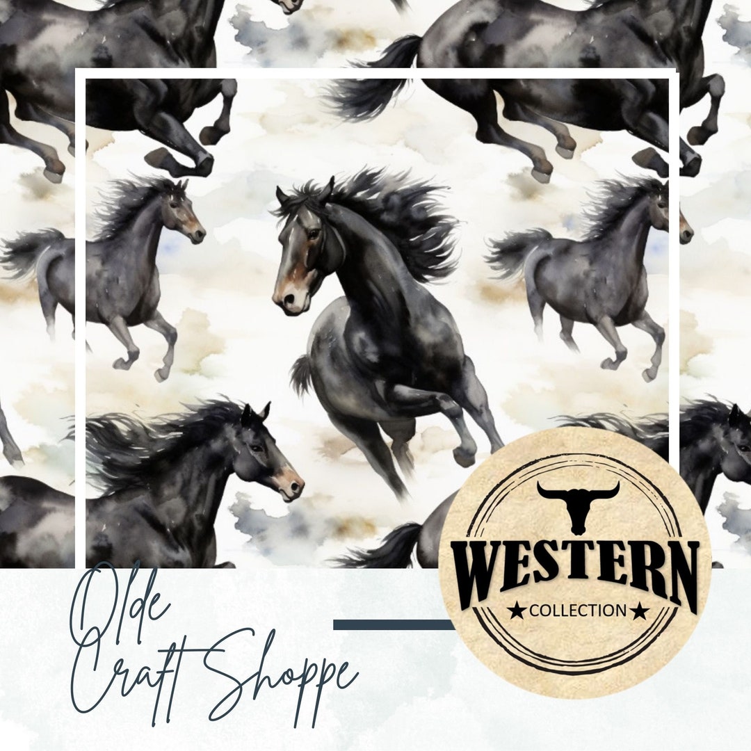 Western Seamless File, Watercolor Wild Black Horses Galloping on White ...