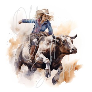 Watercolor Western Female Rodeo Bull Riders Clipart Bundle, Woman, Wild ...