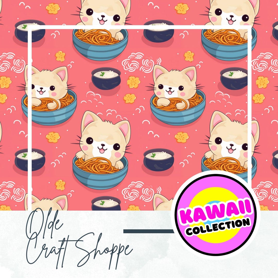Seamless Pattern File, Fun Kawaii Cute Cartoon Ramen Kittens Noodle ...