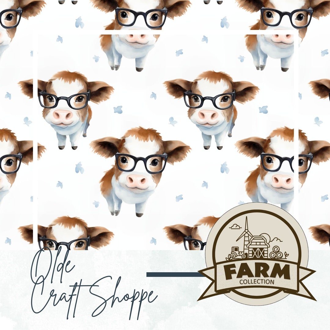 Seamless Pattern File, Watercolor Cute Baby Cows Wearing Glasses, Calf ...