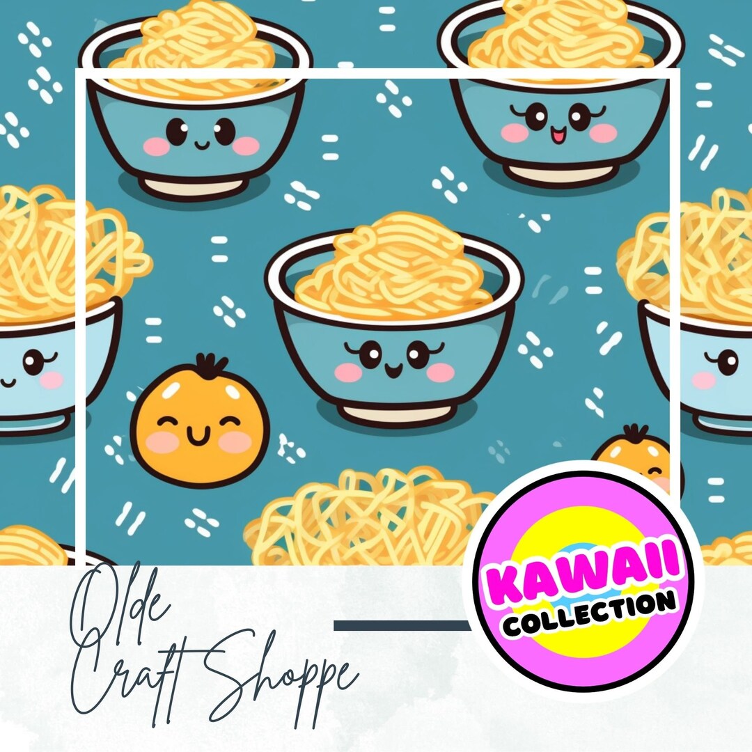 Seamless Pattern File, Cute Cartoon Japanese Ramen Noodle Bowls Blue ...